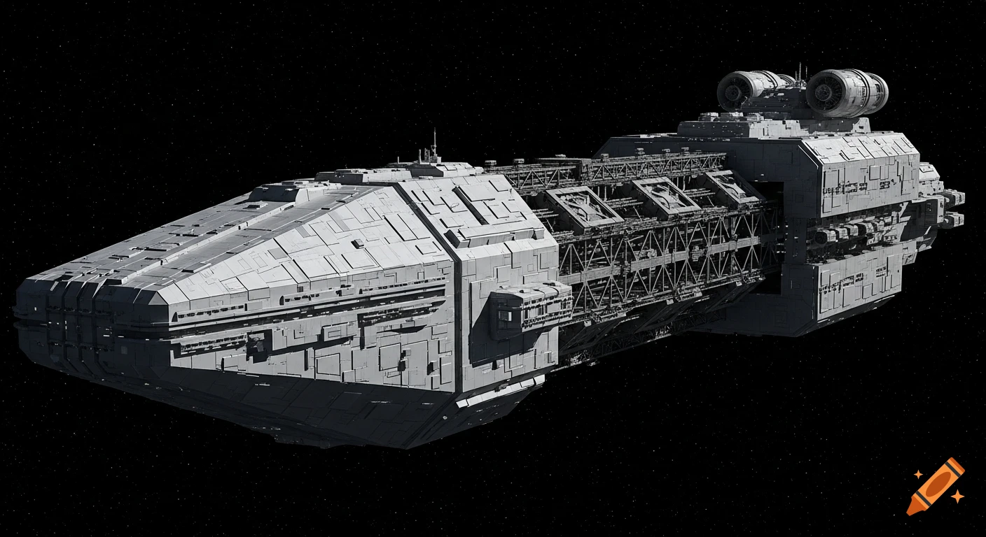 A massive, grey, industrial deep-space colony ship with an angular ...