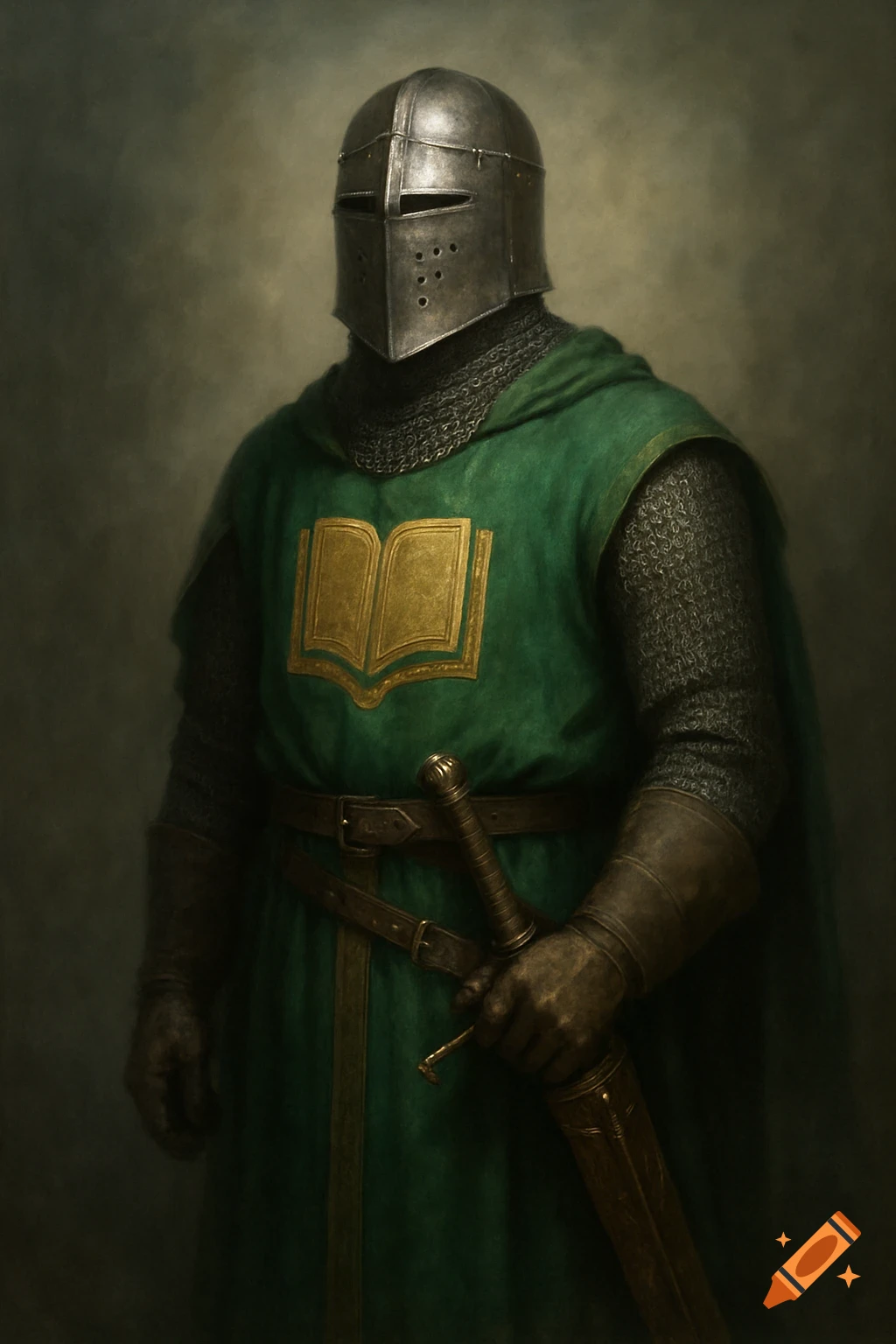 A medieval knight in a spangenhelm helmet and chainmail, wearing a ...