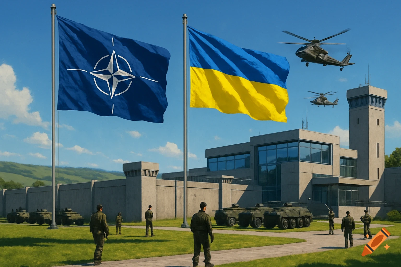 A military base with the NATO and Ukrainian flags flying. Soldiers ...