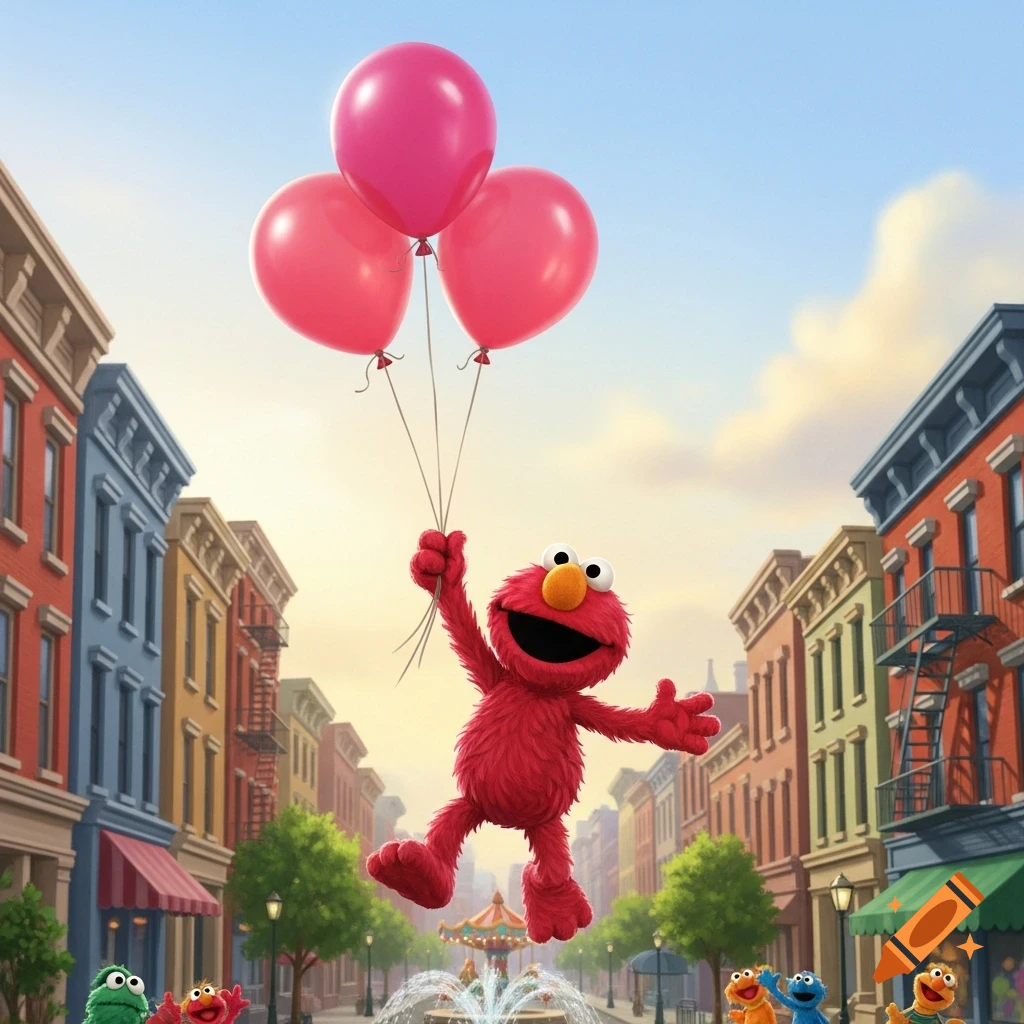 Elmo floats joyfully above a sunny city street, holding three pink balloons, with other Sesame ...