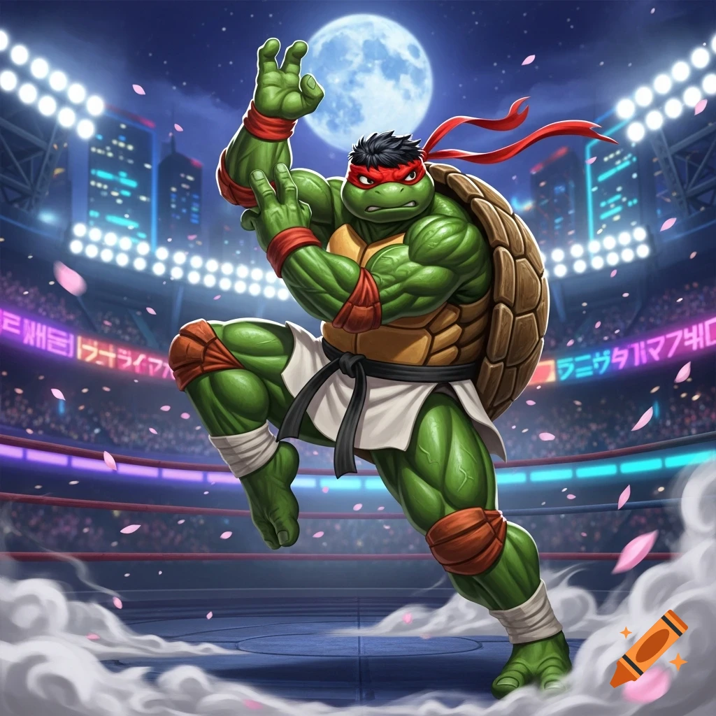 A muscular Raphael, the Ninja Turtle, in a red mask and white gi ...