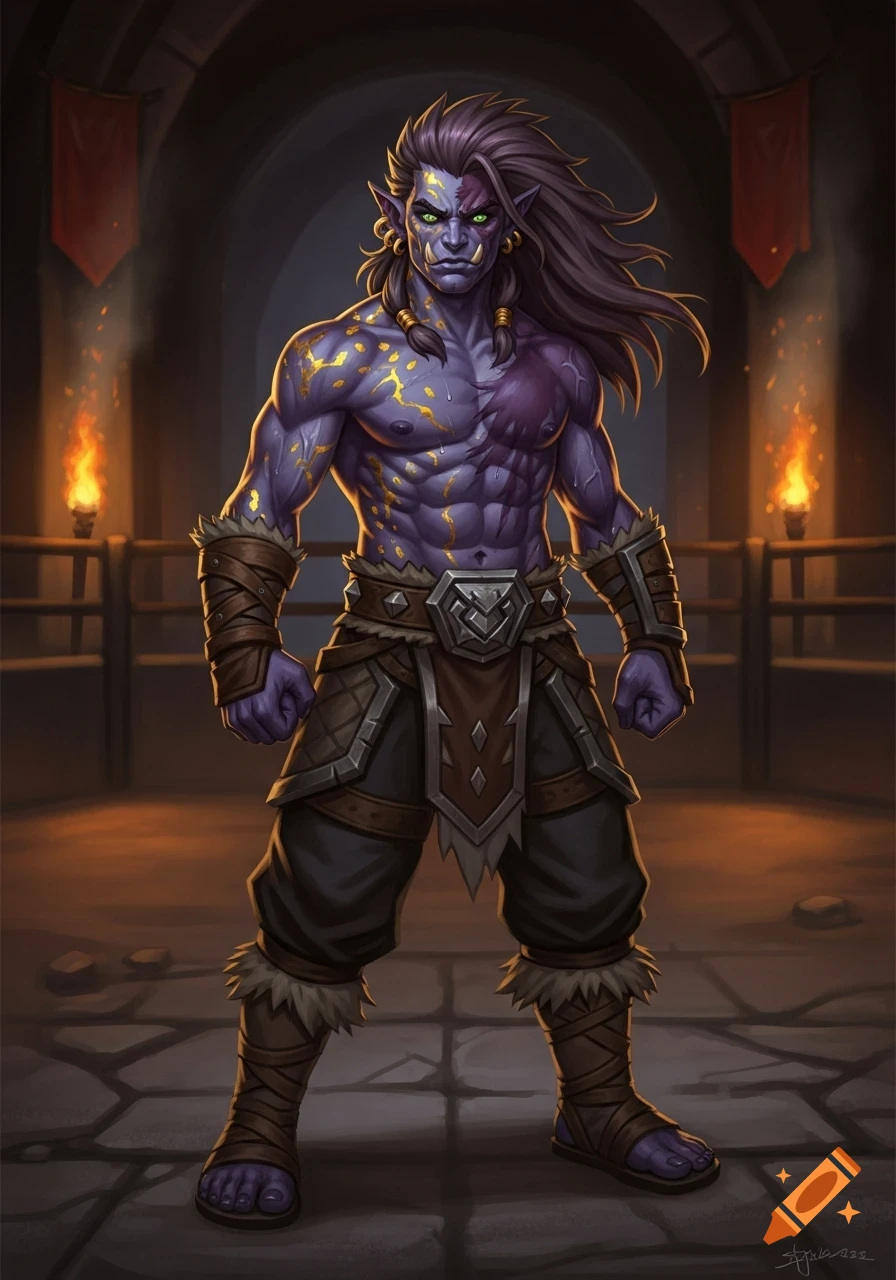 A muscular purple-skinned half-ork drow brawler with long dark hair, green eyes, and gold flecks ...