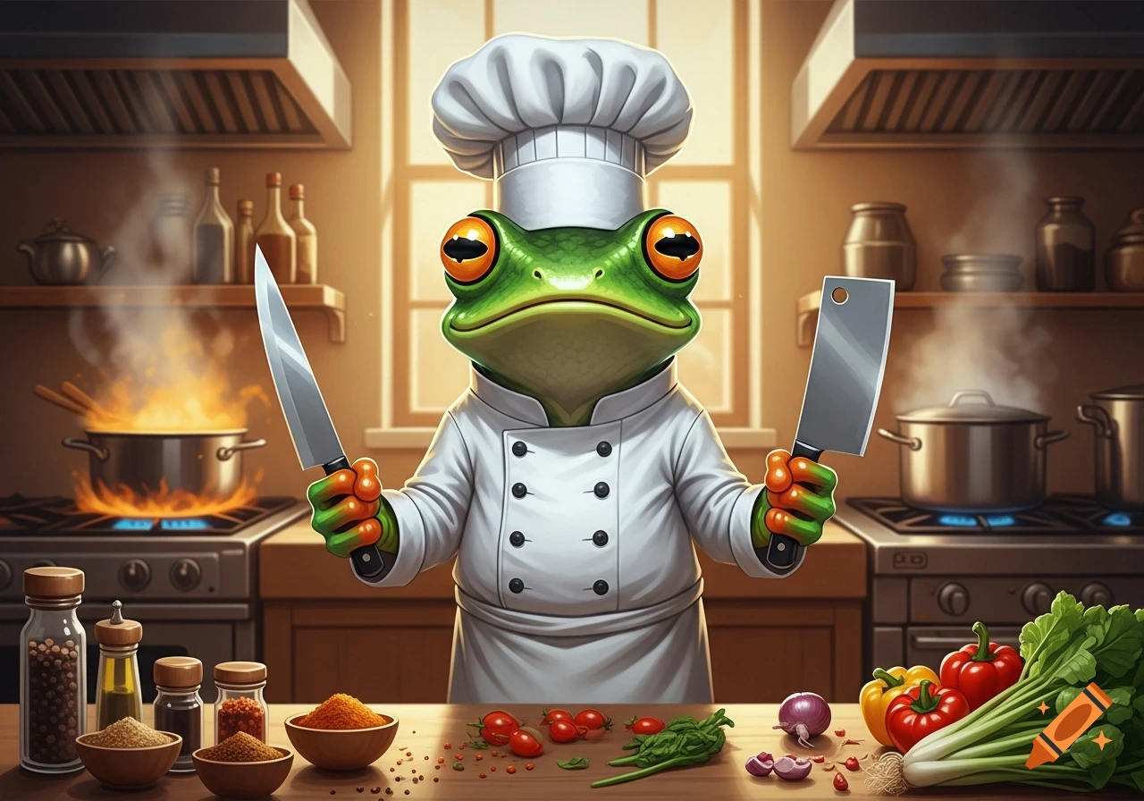 An anthropomorphic frog chef holding a chef's knife and a cleaver in a ...