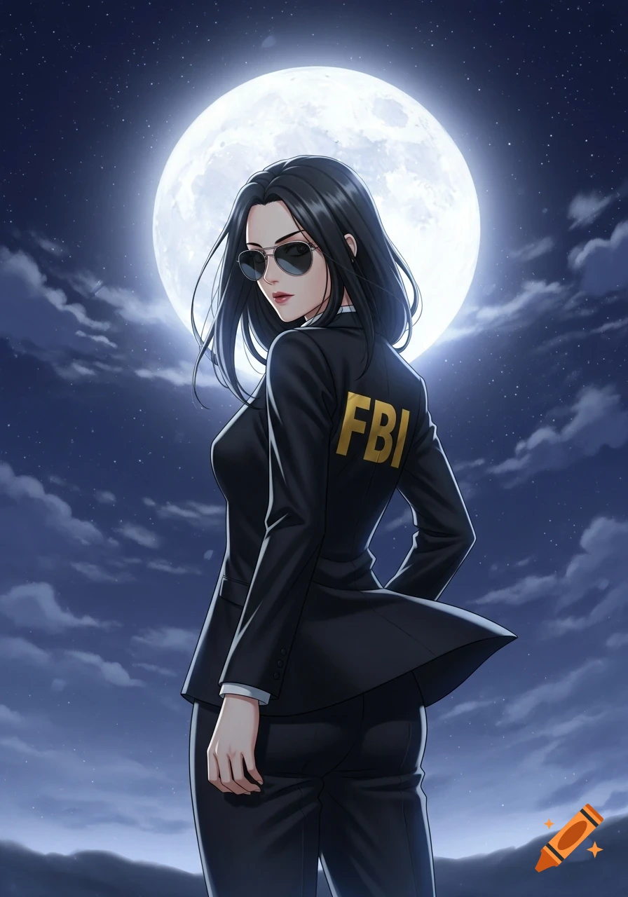 Anime style female FBI agent with sunglasses looking over her shoulder ...