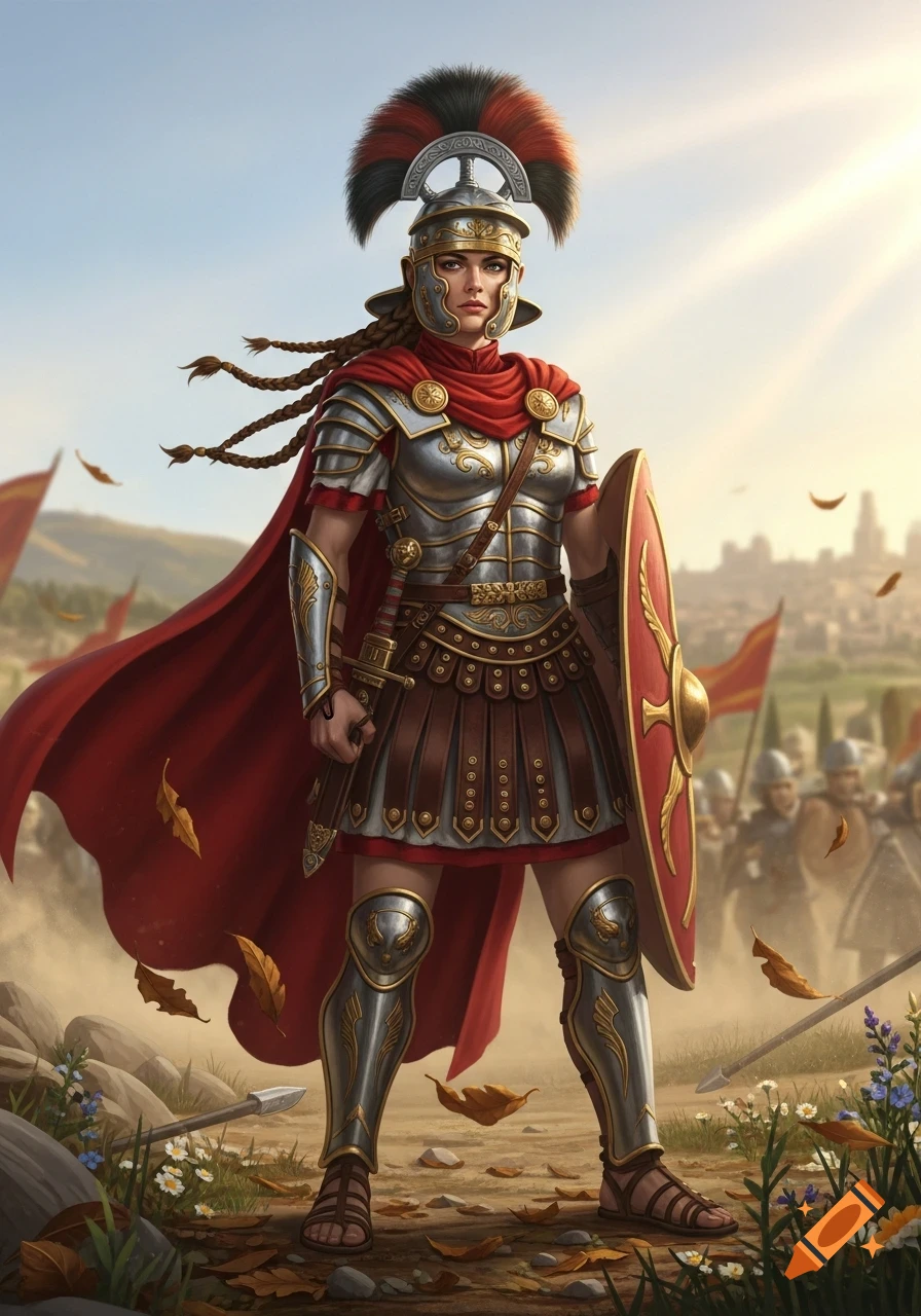 A female Roman Centurion in ornate silver and gold armor, a red cape ...