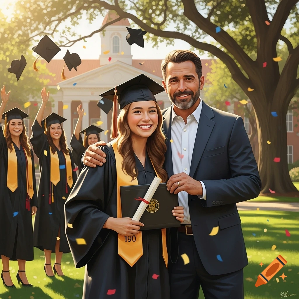A proud dad with his graduating daughter in cap and gown, holding a ...