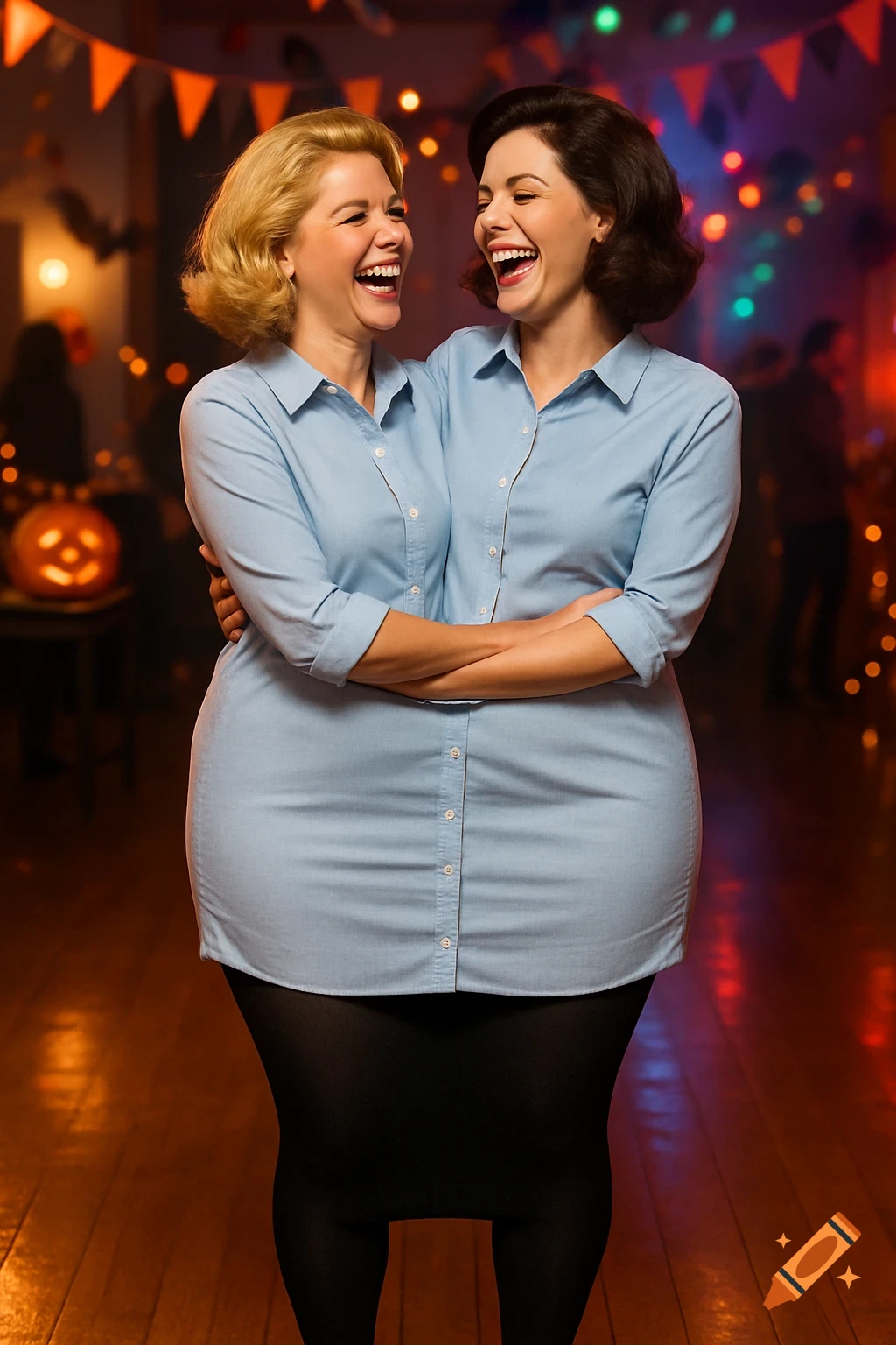 Two women in a conjoined light blue shirt and black tights, laughing ...