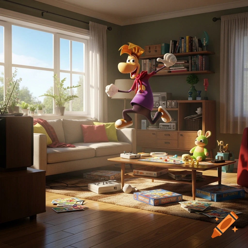 Rayman, a cartoon character, jumps excitedly in a sunny living room ...