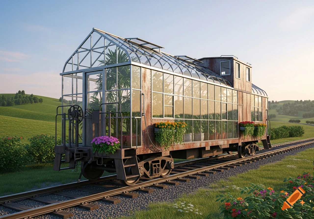 A unique greenhouse caboose, fashioned from a rusty train car with ...