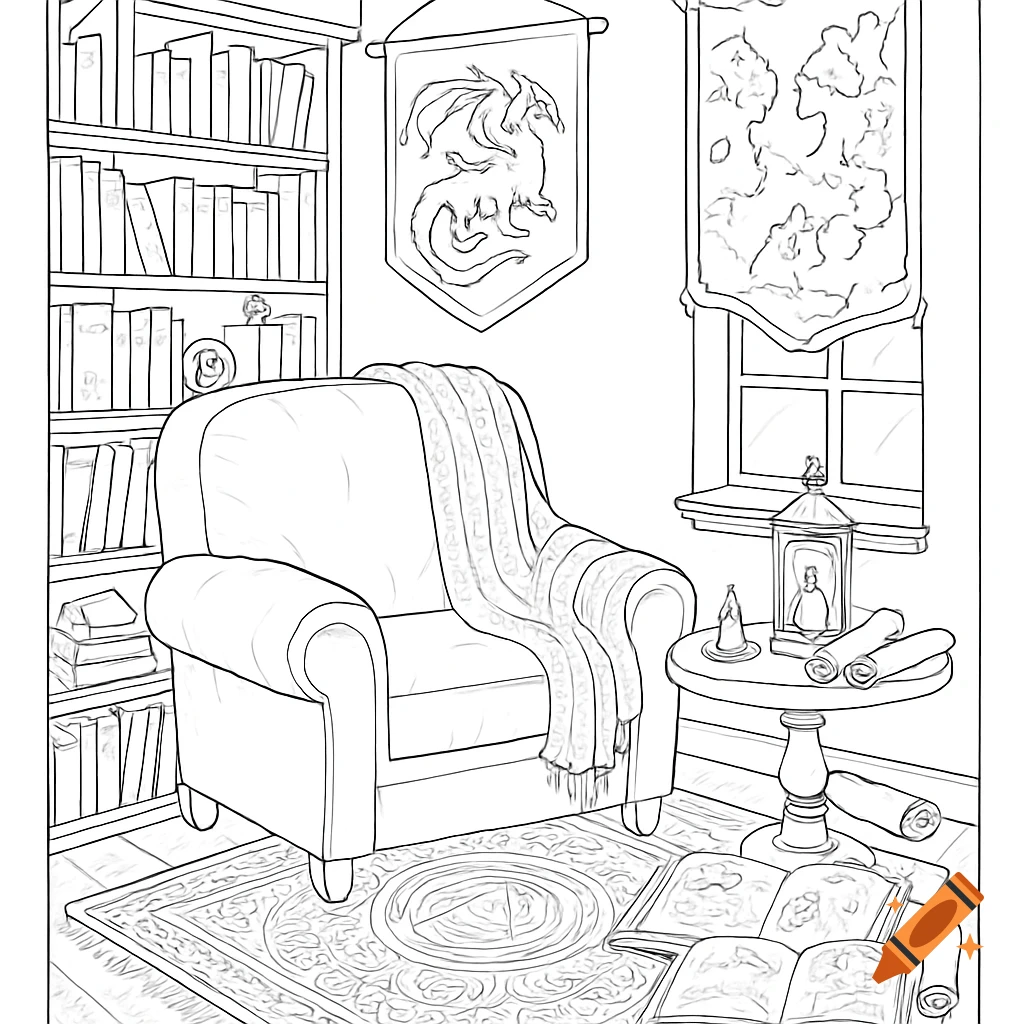 Black and white coloring page of a cozy fantasy-themed room with a ...