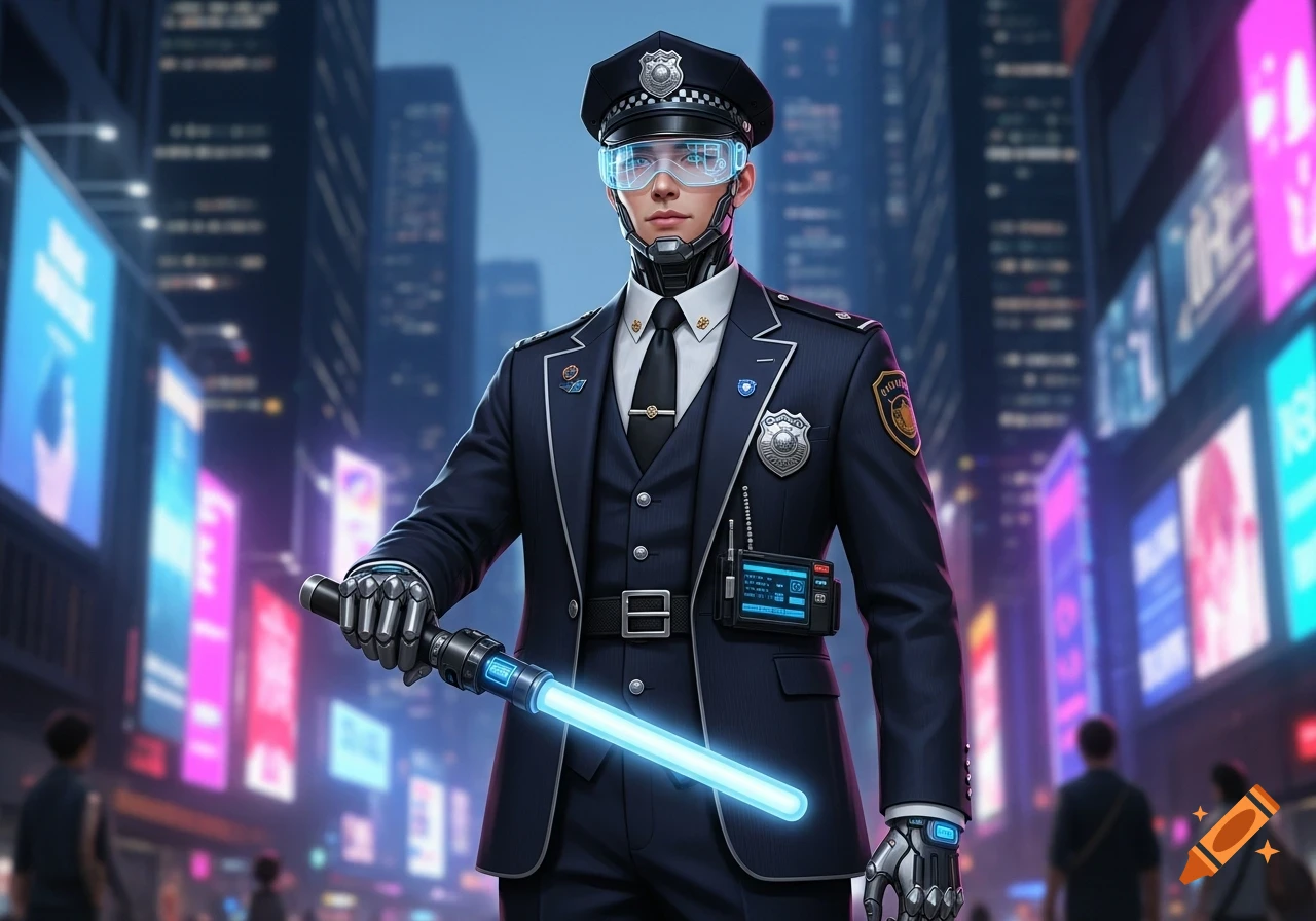 A futuristic police officer in a dark blue uniform, visor, and ...