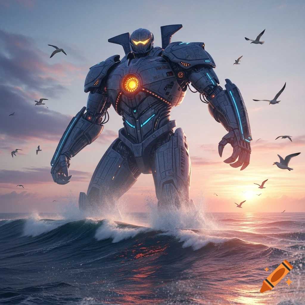 A massive, detailed mecha robot stands in the ocean at sunset, with ...