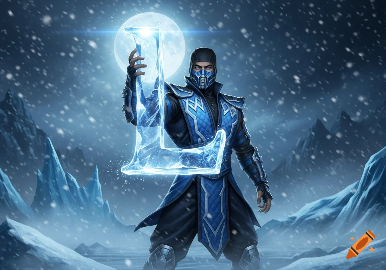 Sub-Zero holding a glowing ice 'L' in a snowy, icy mountain landscape ...