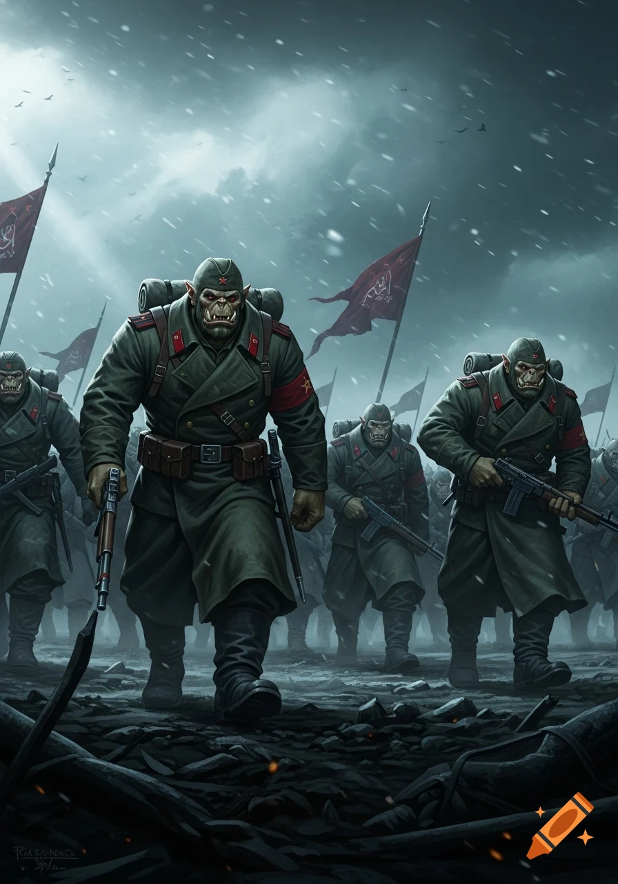 Orc soldiers in Soviet-style uniforms march through a snowy, desolate ...