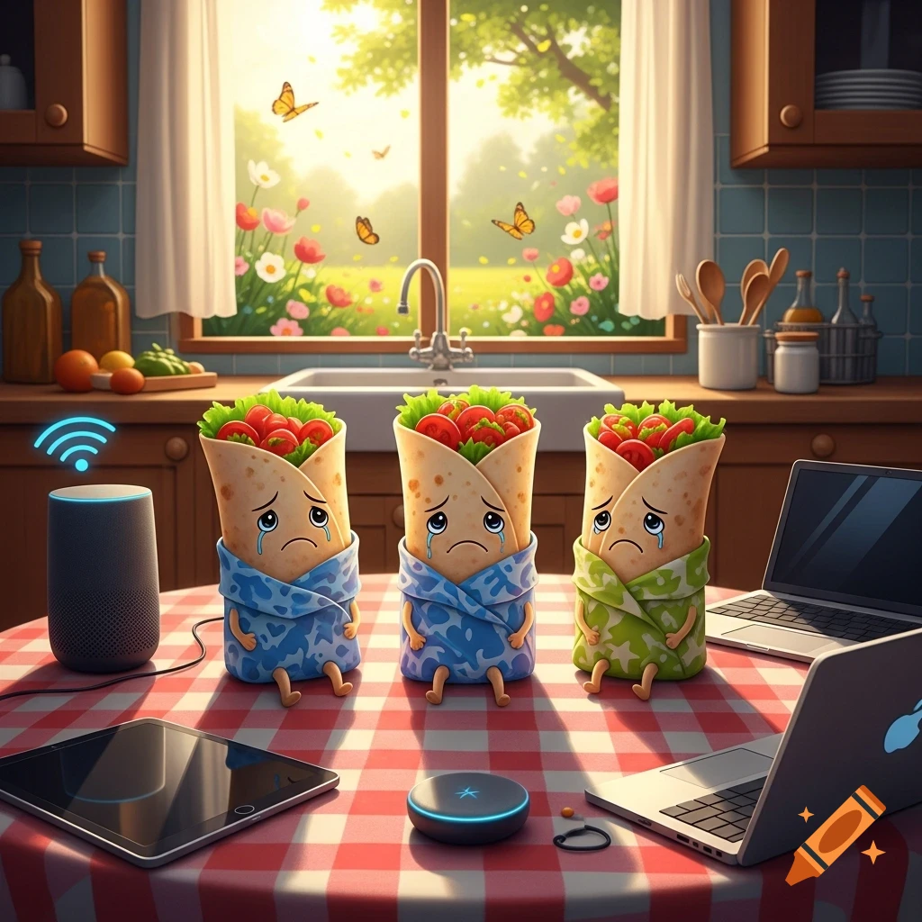 Three cartoon sad burritos sit at a kitchen table with smart speakers ...