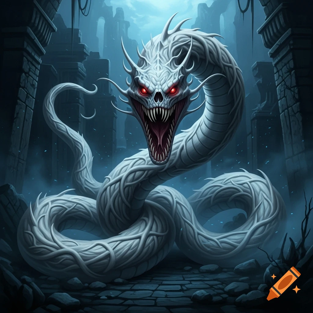 A monstrous white serpent with glowing red eyes, a wide mouth of sharp ...