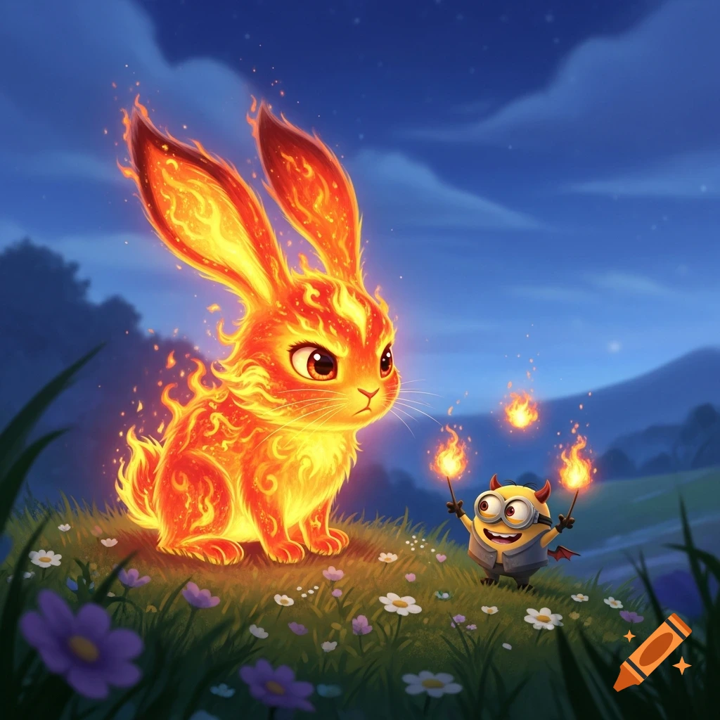 A cute, glowing fire rabbit sits in a flowery field, while a devilish ...