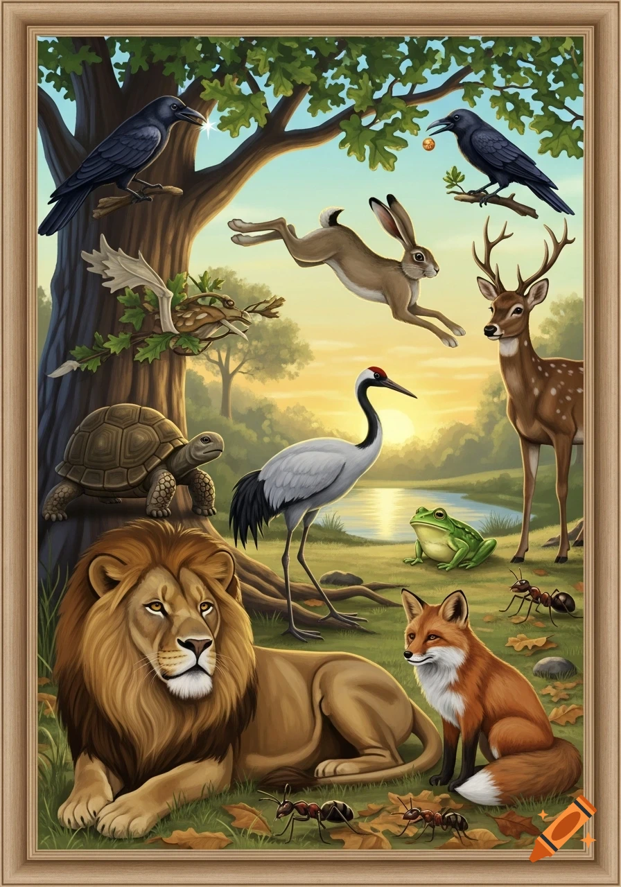 A stylized illustration depicting various animals including a lion, fox ...