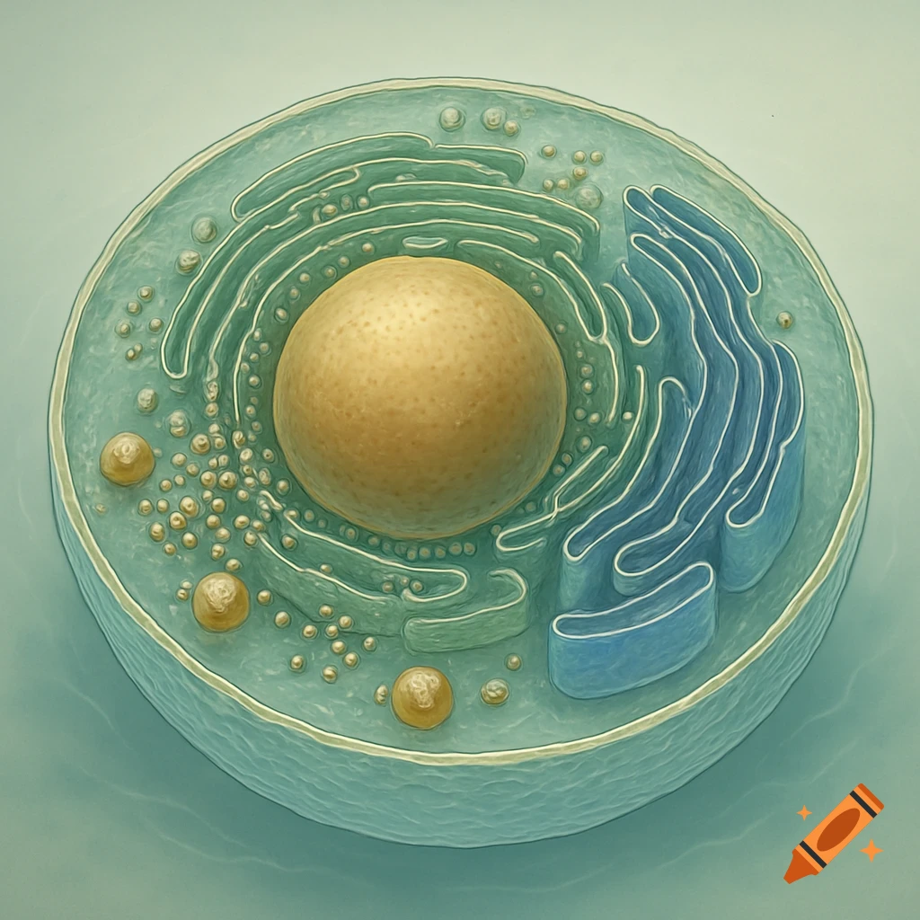 Detailed scientific illustration of an animal cell, showing the nucleus ...