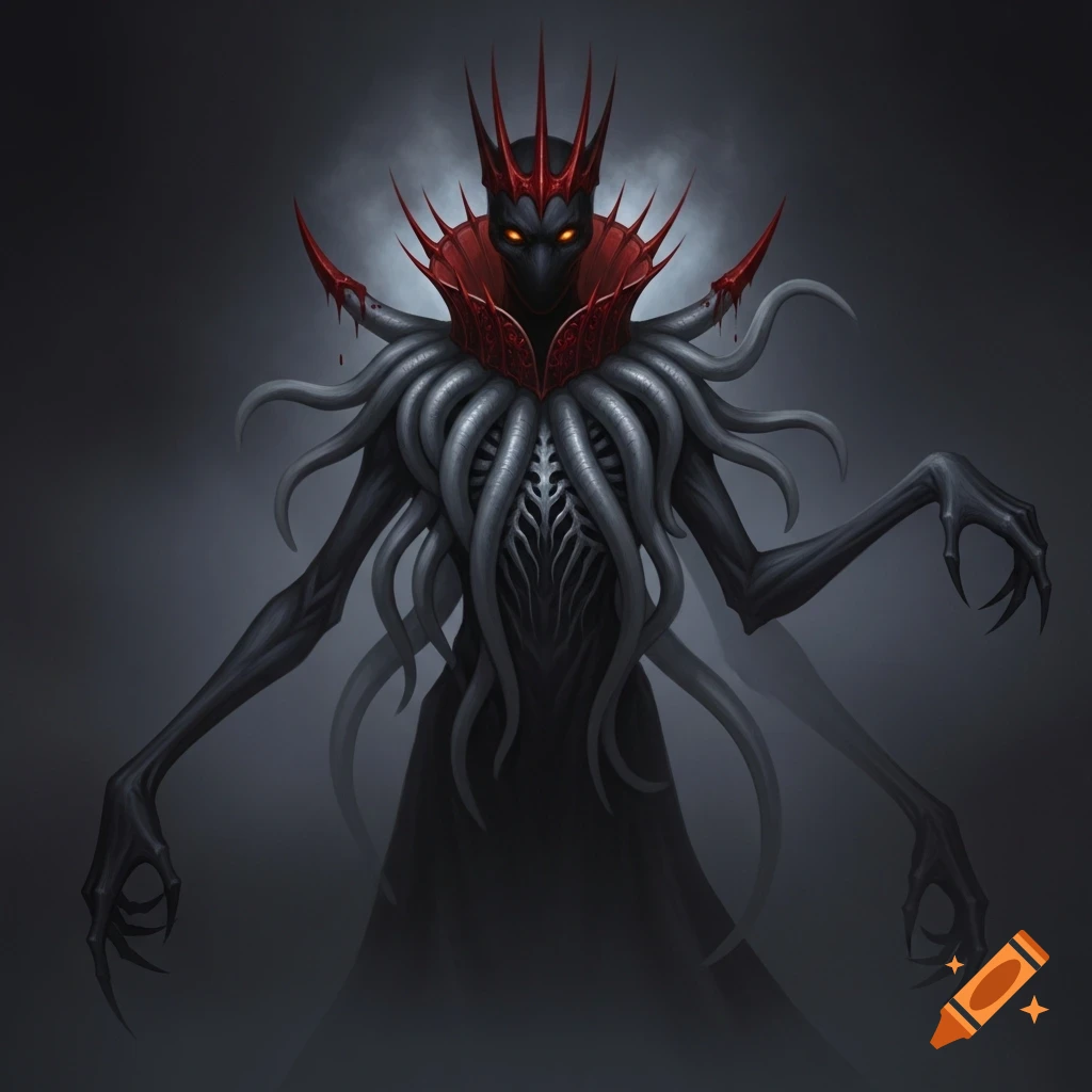 A dark, menacing fantasy monster with glowing orange eyes, a spiky red ...