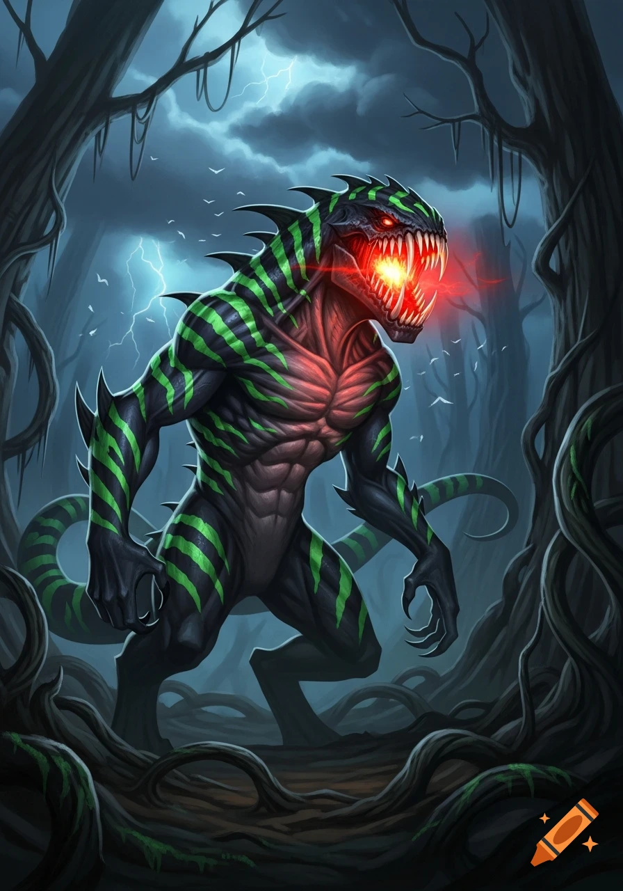 A fierce green and black striped monster with glowing red eyes and ...