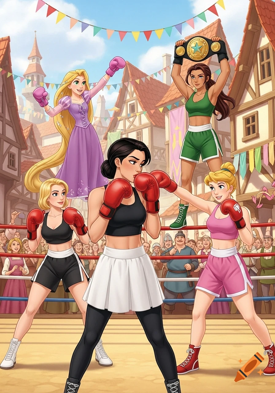 Five women resembling Disney princesses in boxing gear in a boxing ring ...