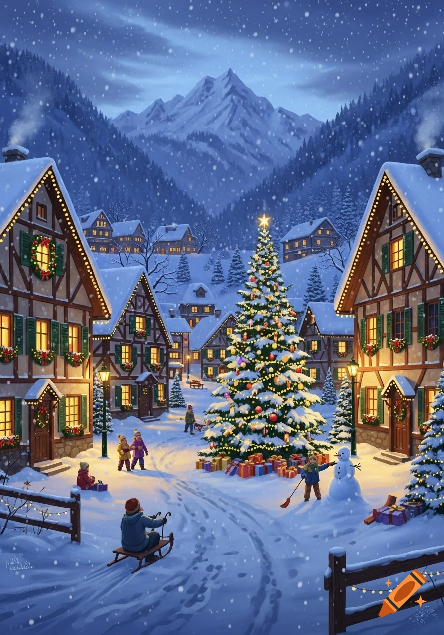 A snowy Christmas village scene at dusk with illuminated houses, a ...