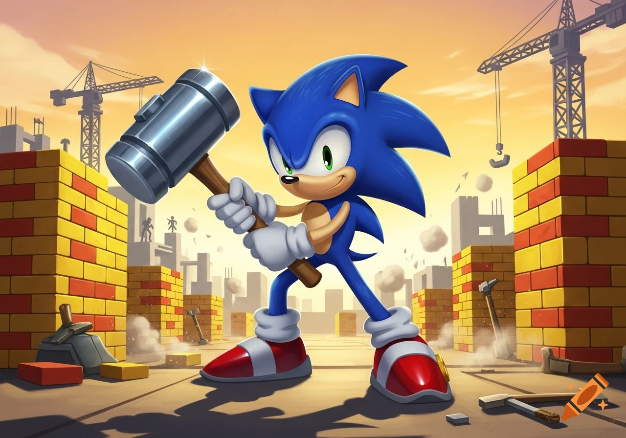 Sonic the Hedgehog stands heroically at a construction site, holding a large building hammer ...