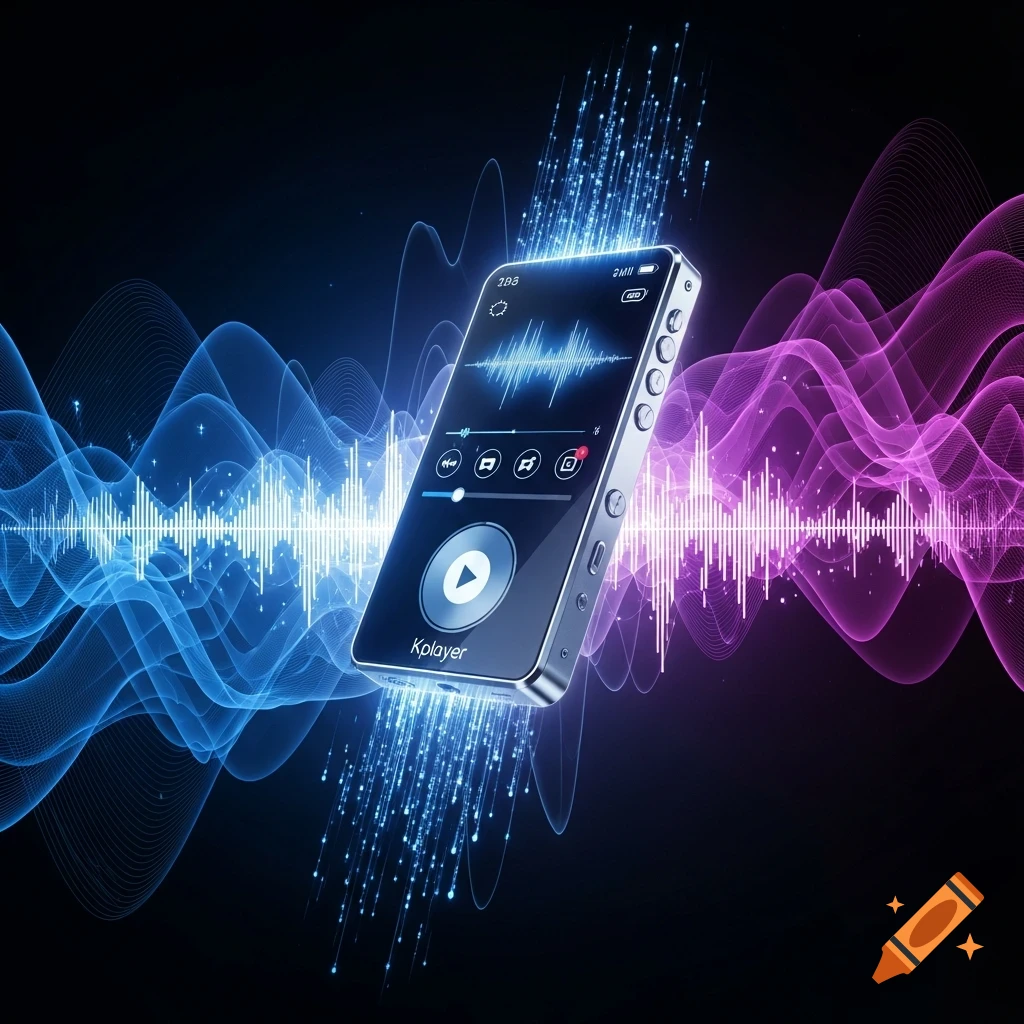A glowing digital music player displays a waveform, surrounded by ...