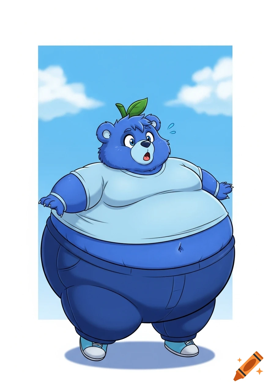 A round, blue cartoon bear, inflated like a blueberry, wears a light ...