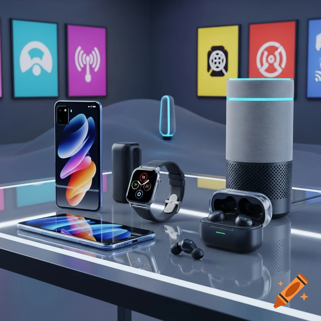 Multiple modern electronic gadgets, including smartphones, a smartwatch ...