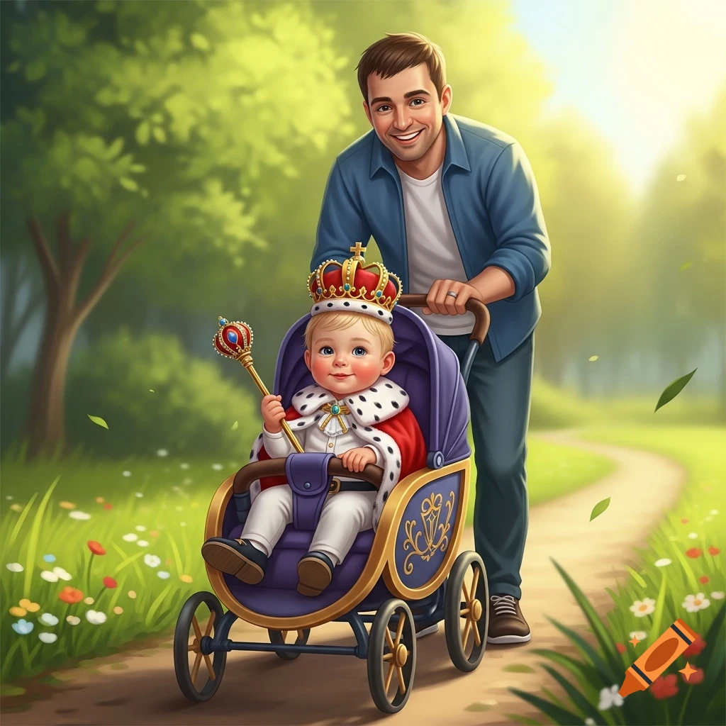 Smiling father pushes baby king with a scepter in an ornate stroller ...