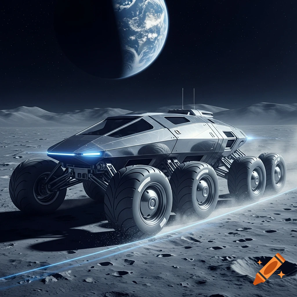 A futuristic metallic lunar rover with six large wheels drives across a ...