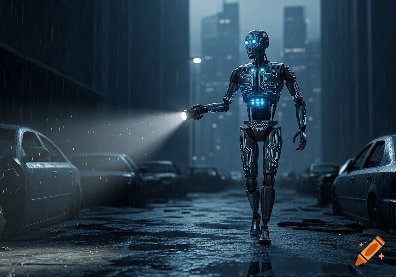 A photorealistic robot with glowing blue circuits walks through a dark ...