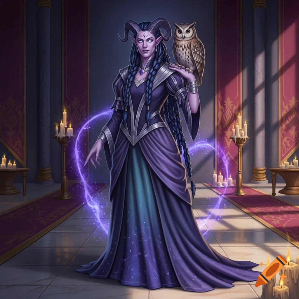 A tiefling sorceress with lavender skin, braided hair, and an owl on ...