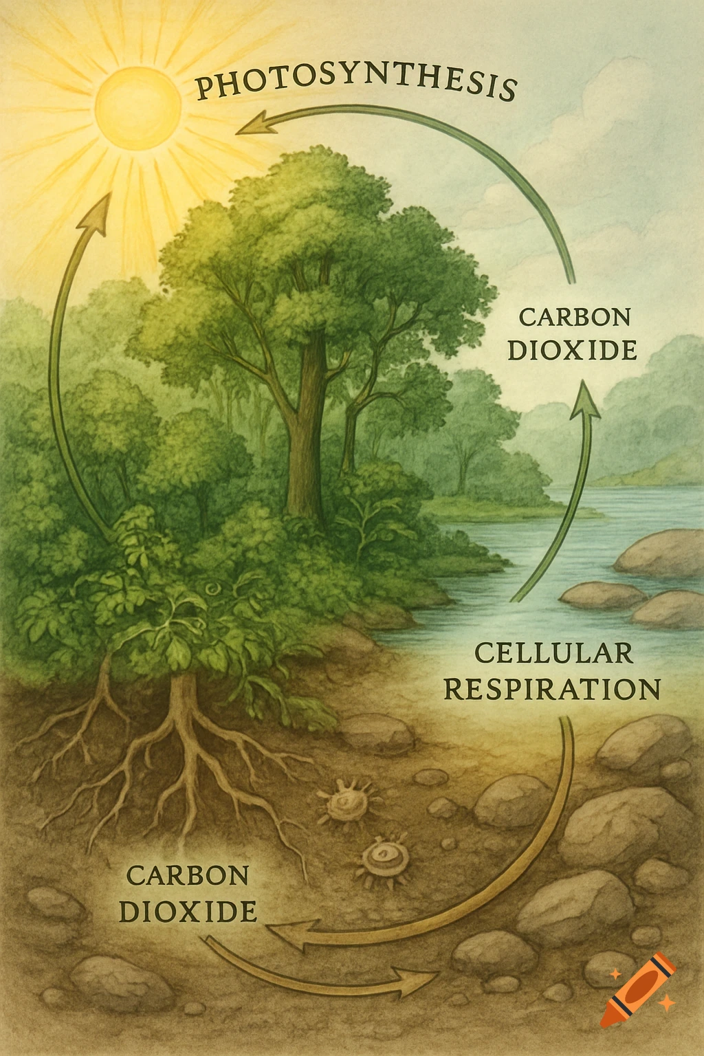 An earthy illustration of the carbon cycle, showing photosynthesis, carbon dioxide exchange, and ...