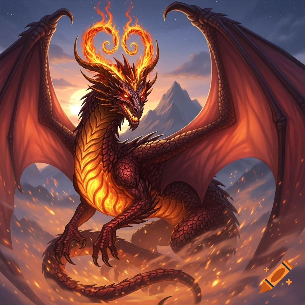 A majestic red and gold fire dragon with large wings, surrounded by ...