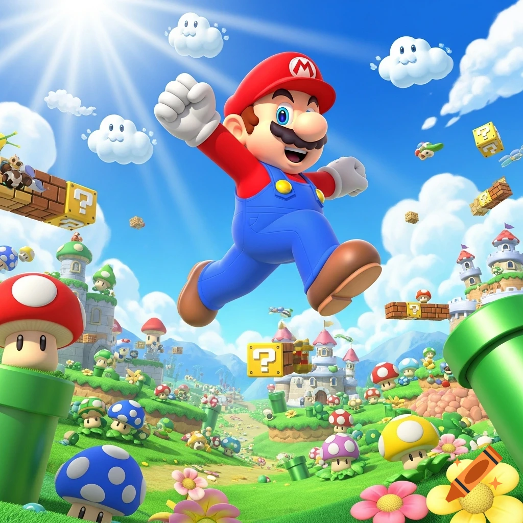 Mario jumping in a vibrant, cartoonish video game world with mushrooms ...