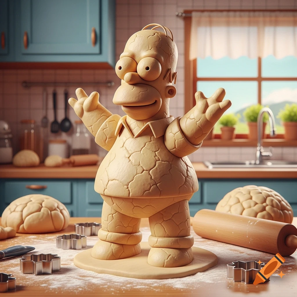 A dough sculpture of Homer Simpson with a cracked texture stands on a ...