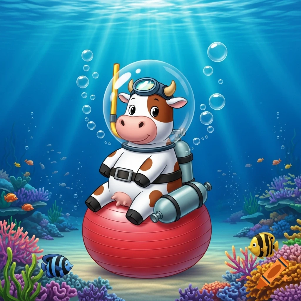 A cartoon cow named Moolissa, wearing a scuba helmet and tanks, sits on ...