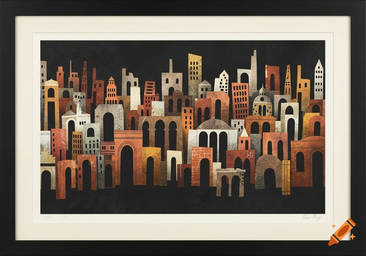 Abstract collage art print of a stylized cityscape with buildings and ...