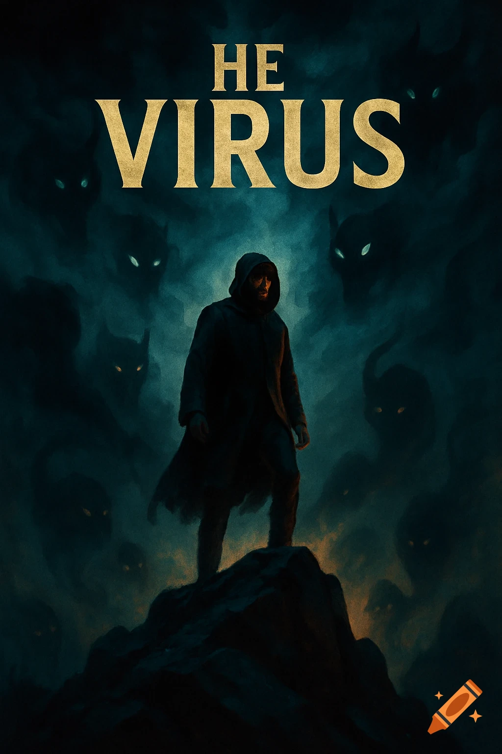 A dark movie poster for 'HE VIRUS' showing a hooded figure on a rock ...