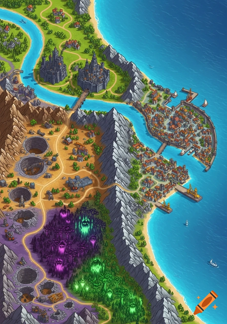 Vibrant top-down 2D fantasy map illustration with castles, coastal city ...
