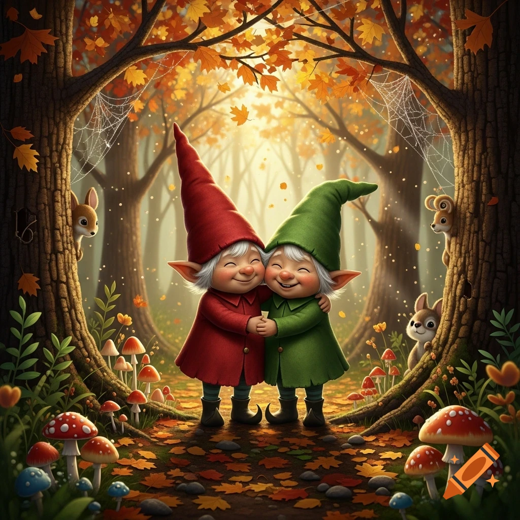 Two happy gnomes, one in red and one in green, hug in an enchanted ...