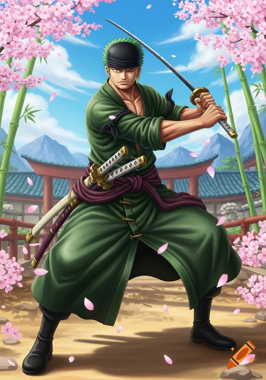 Roronoa Zoro, an anime character, poses with a katana under cherry ...