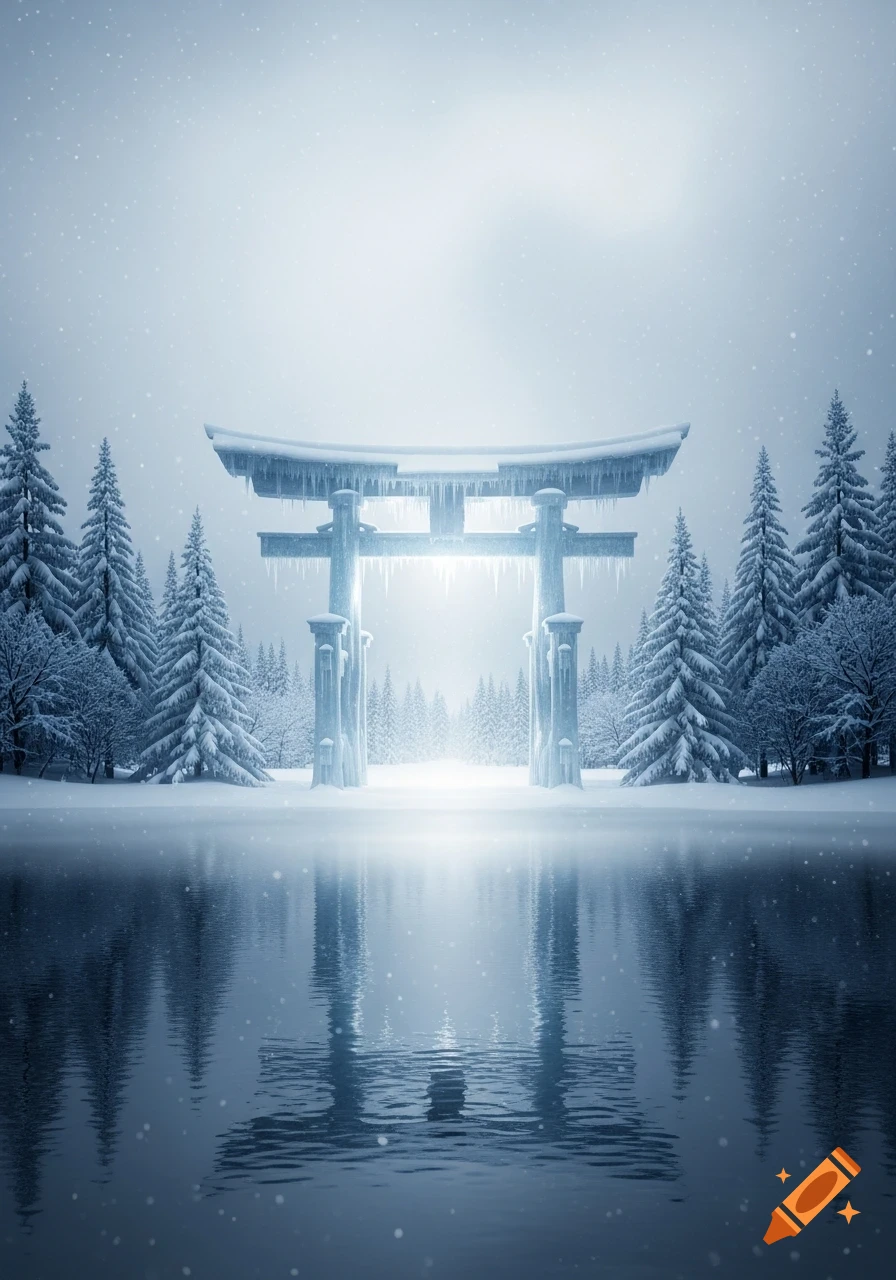 A serene winter landscape featuring a snow and ice-covered Japanese ...