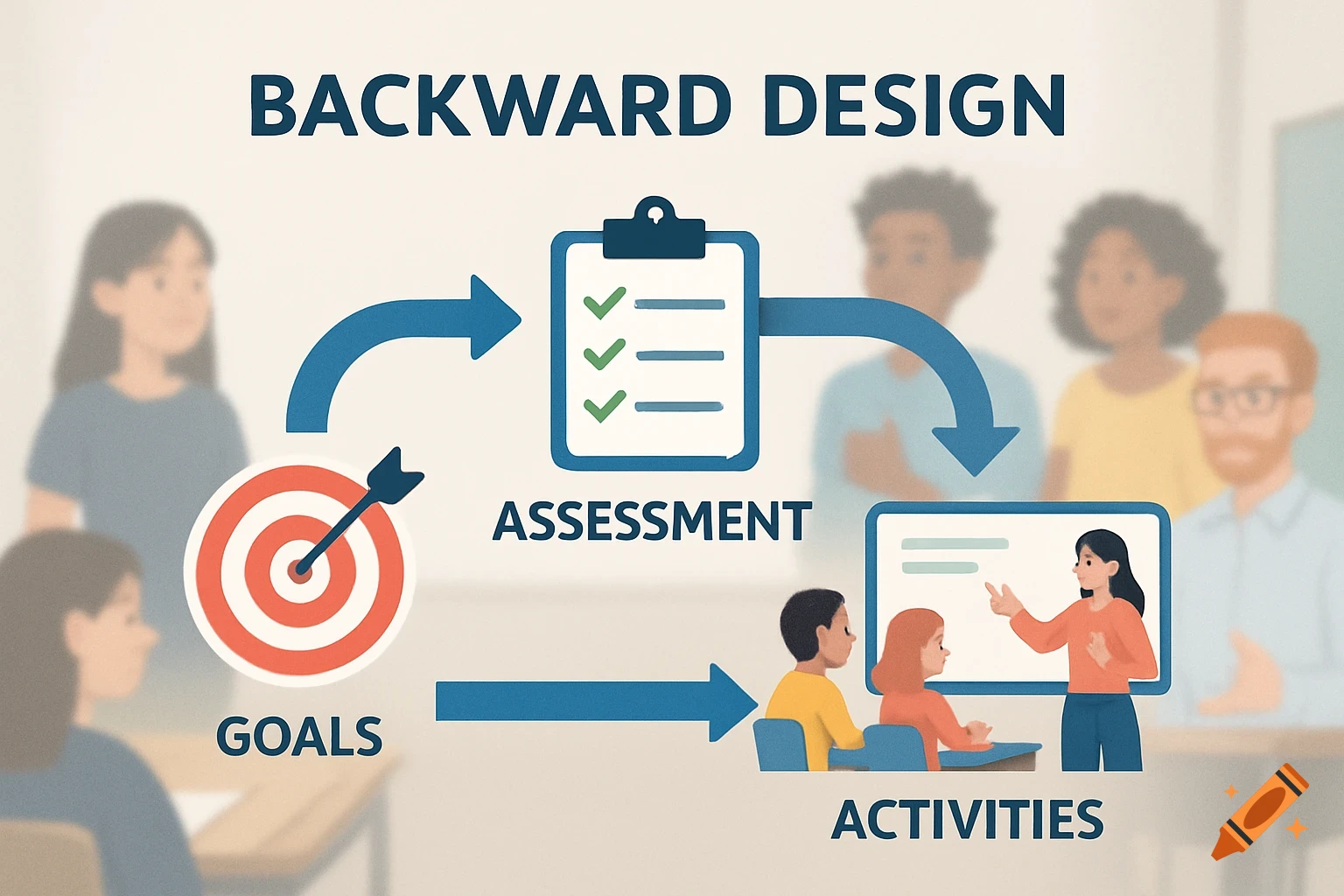 Infographic illustrating Backward Design: arrows connect Goals ...