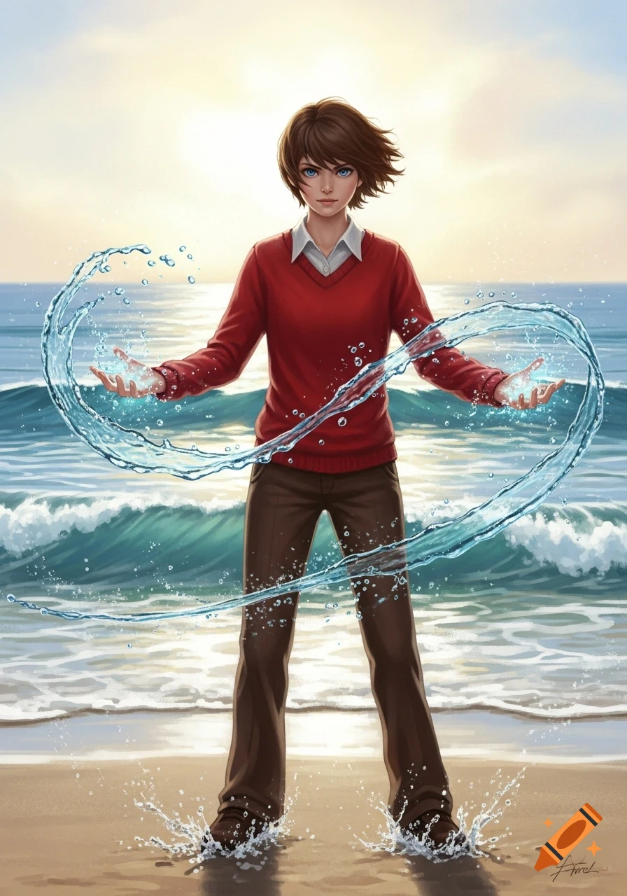Anime-style character in a red sweater controlling water on a beach ...