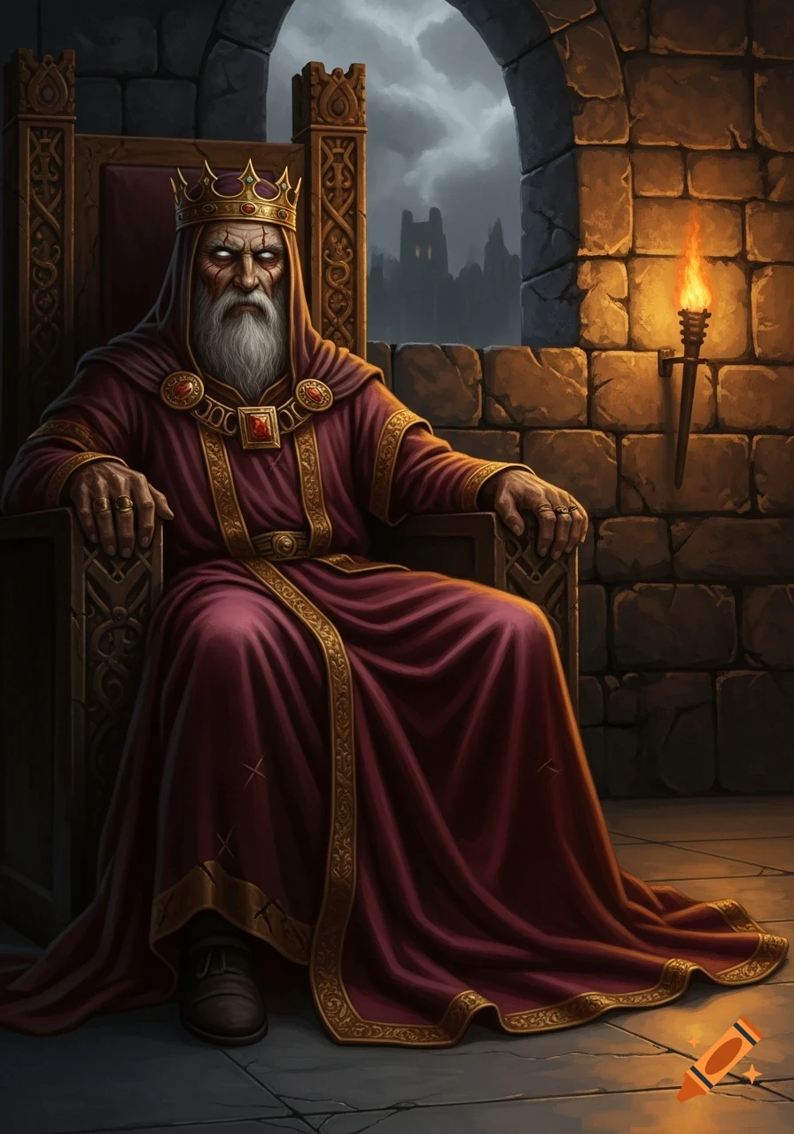 An old, stern king with a long white beard and glowing white eyes sits ...