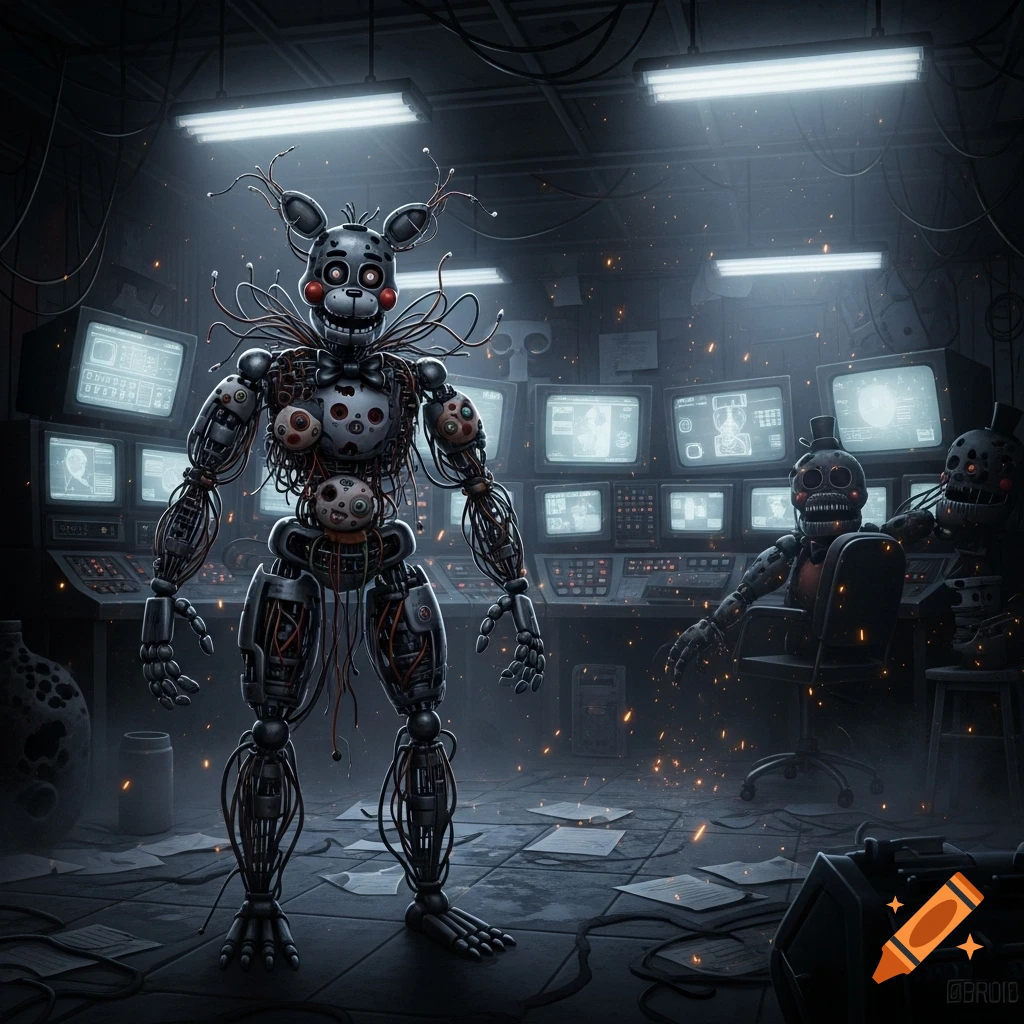 An unsettling, wire-covered animatronic with a white face and red ...